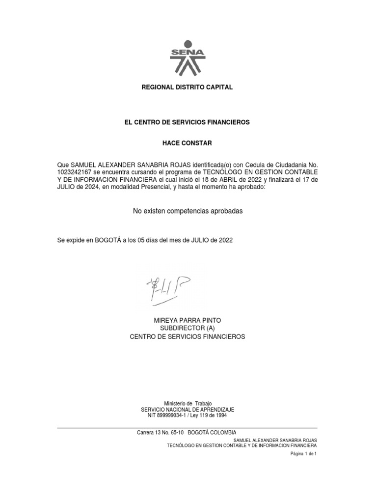 Constancia de Estudio Sena Notas 2 | PDF