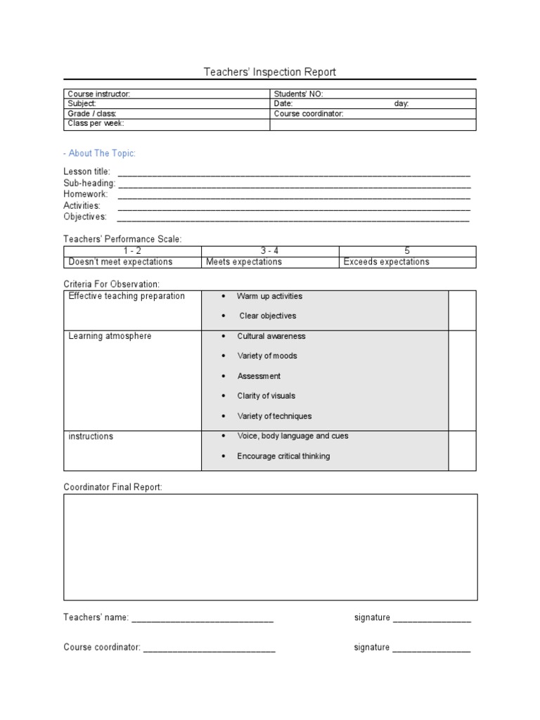 Teacher Inspection Report Template | PDF | Career & Growth | Business