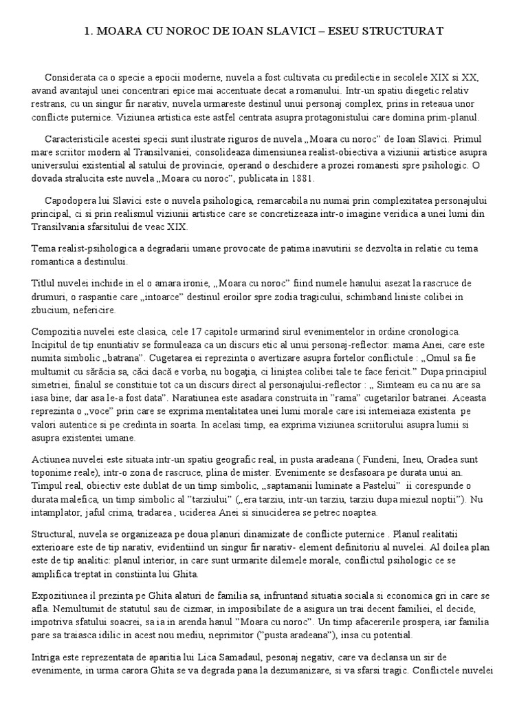 Moara Cu Noroc de Ioan Slavici - Eseu Structurat | PDF