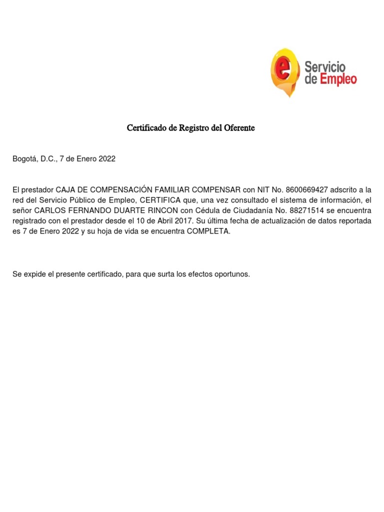 Certificado Servicio Publico de Empleo | PDF