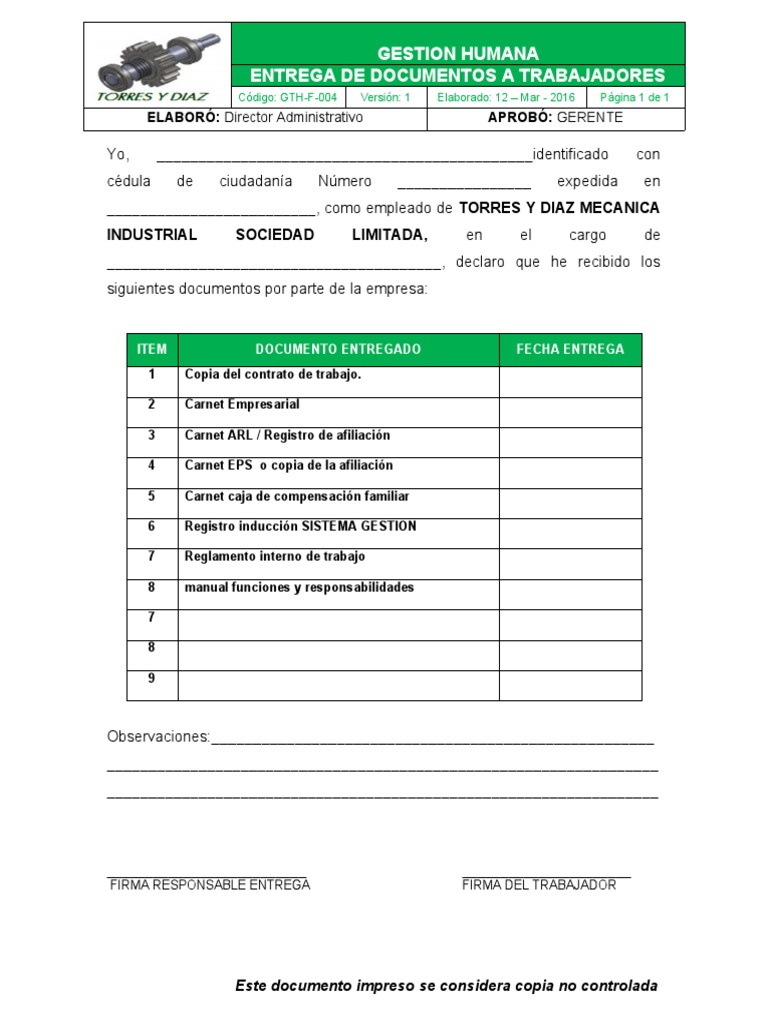 Gth-f-004 Entrega de Documentos A Trabajadores | PDF