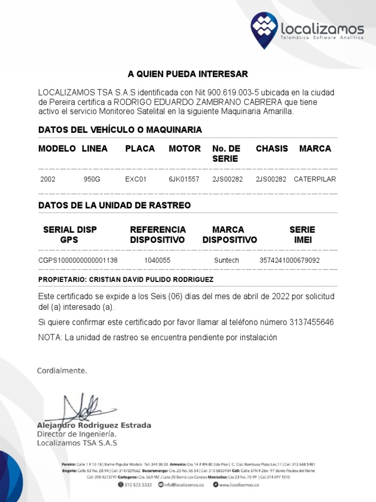 Certificado de Monitoreo Satelital | PDF