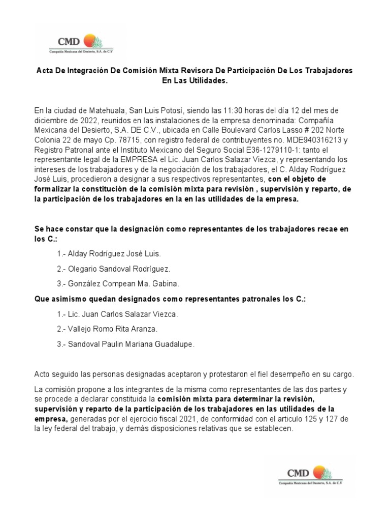 Acta de Integración de Comisión Mixta Revisora de Participación de Los ...
