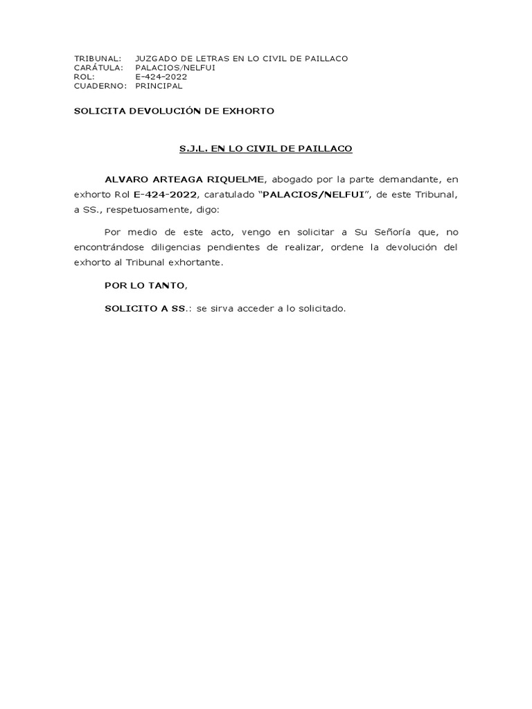 Solicita Devolucion Exhorto | PDF