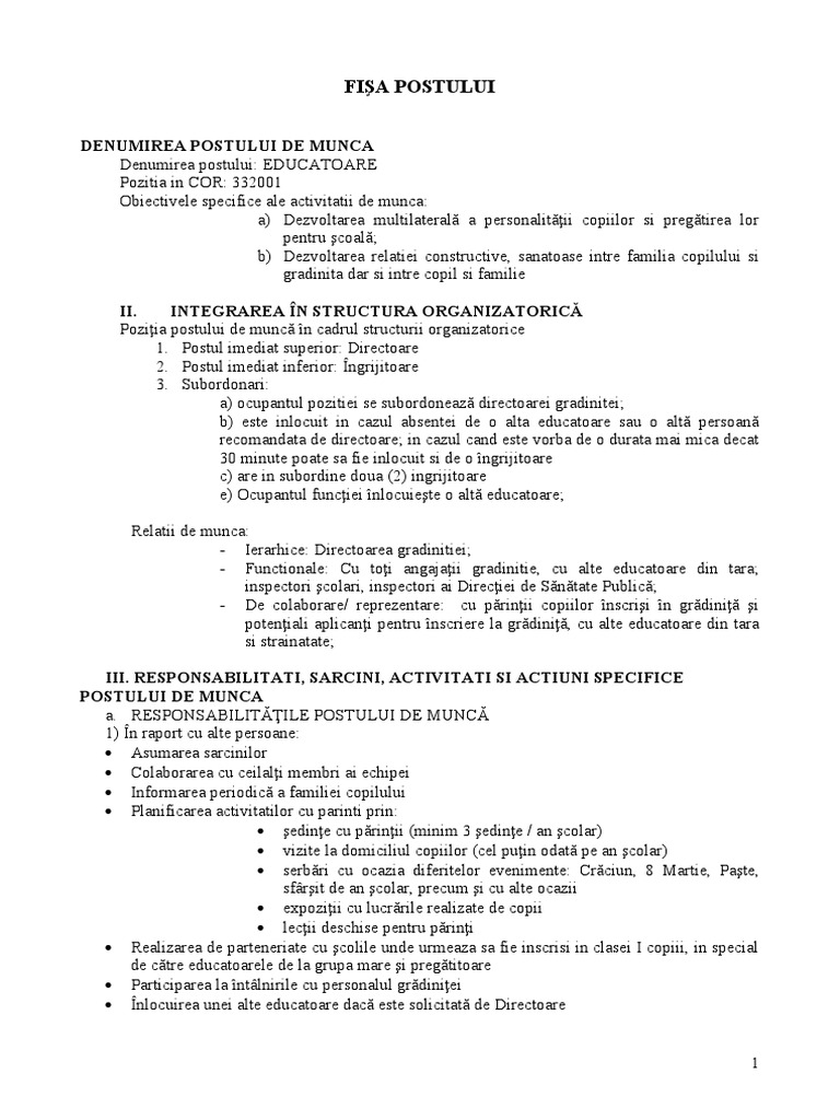 Fisa Postului Educatoare | PDF