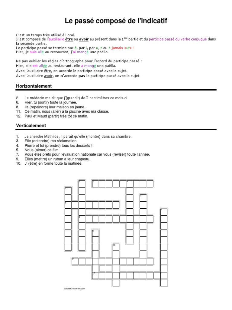 Imprimé Mots Croises Passé Composé | PDF