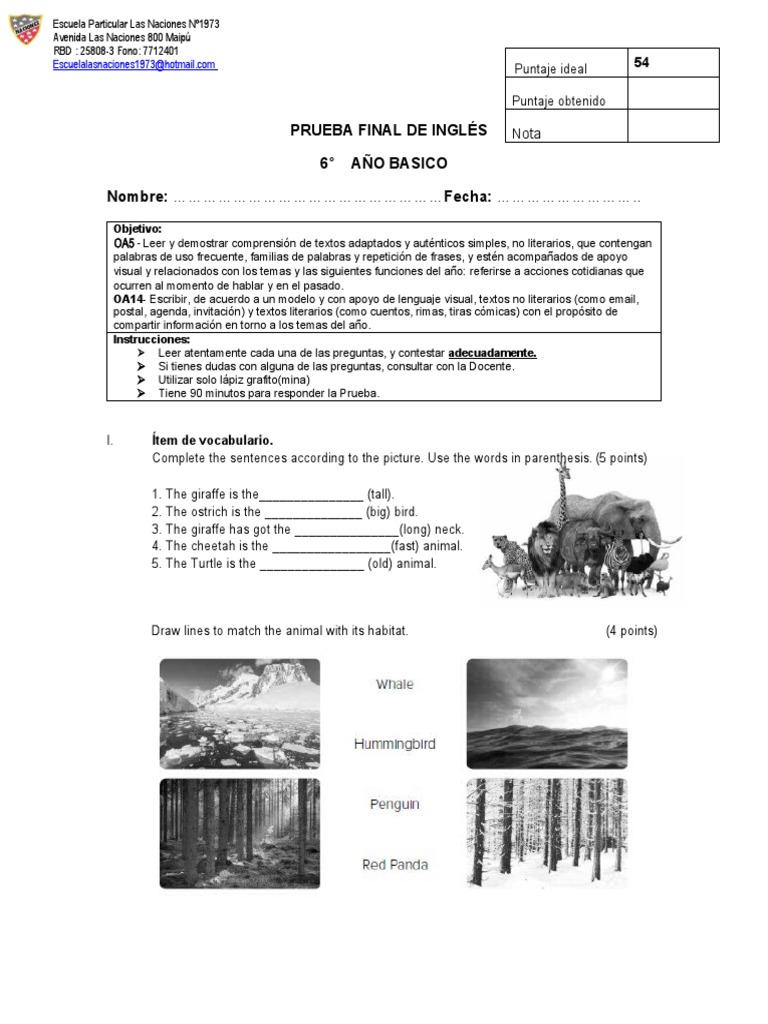 Prueba Inglés 5to | PDF