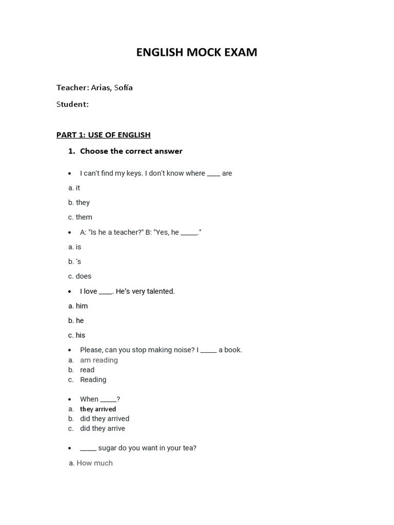 English Mock Exam Wendy | PDF