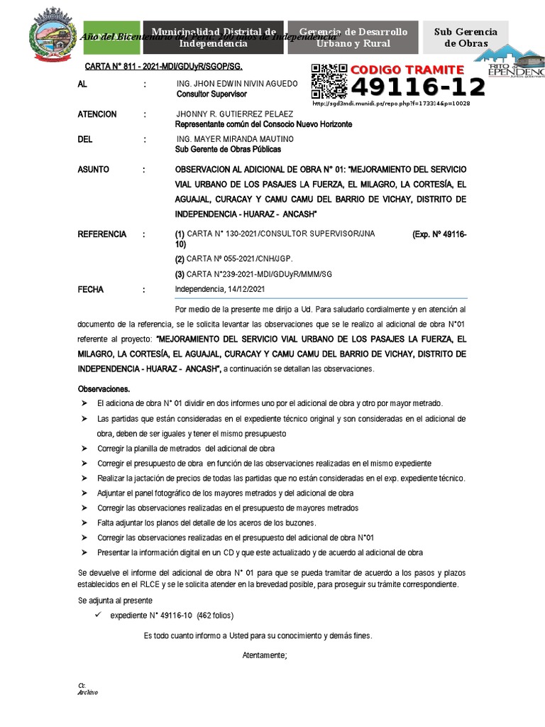 Observaciones Adicional Obra N°01 | PDF | Negocios | Finanzas y dinero