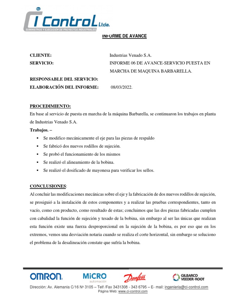 Informe Avance: Puesta en Marcha Barbarella | PDF | Bienes manufacturados