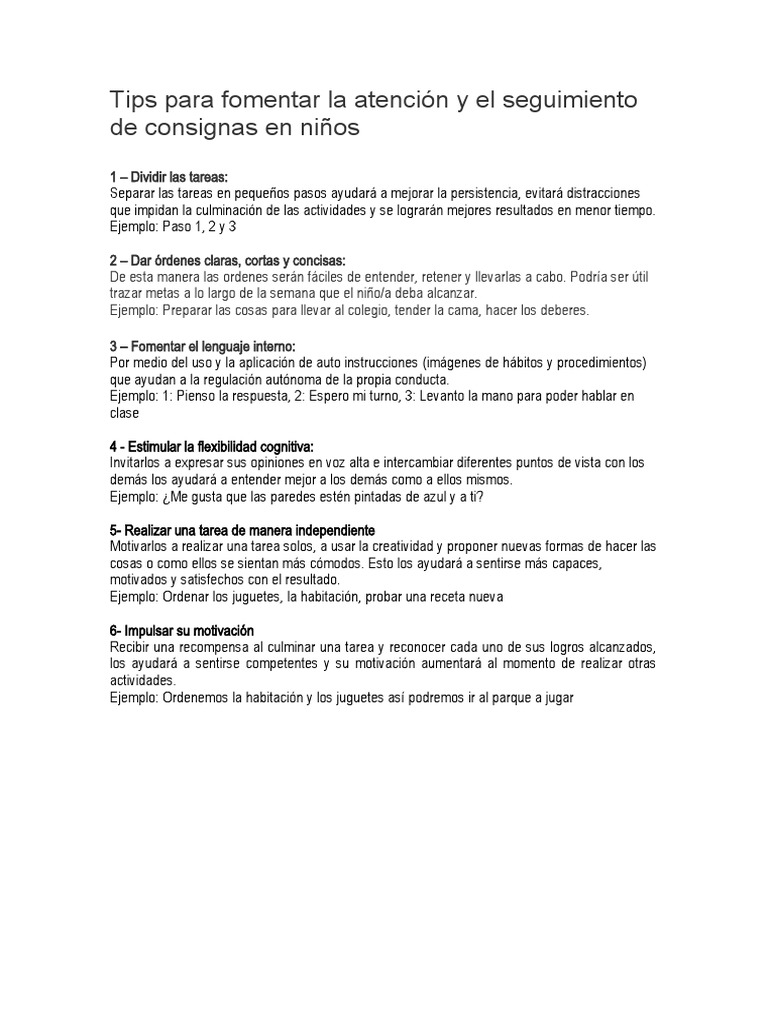 Tips para Fomentar La Atención y El Seguimiento de Consignas en Niños | PDF