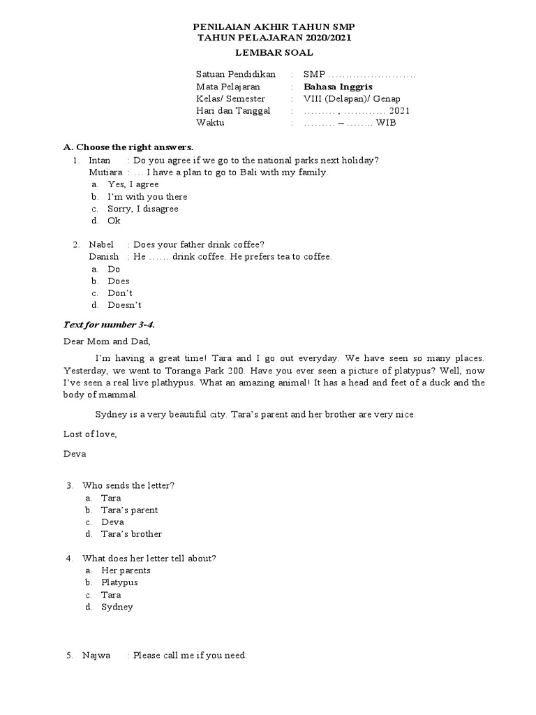 Soal Pat Genap Kelas Viii Bahasa Inggris Tapel 2020-2021 Foskam - 1 Column | PDF