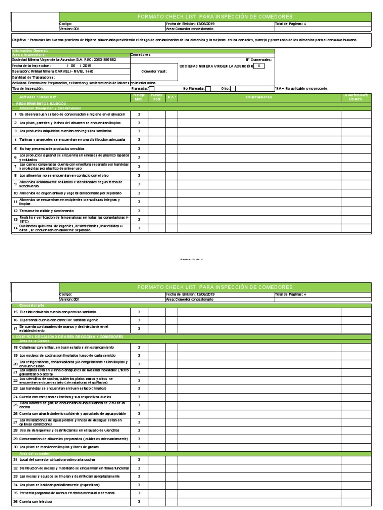 Formato Check List Inspeccion Comedores | PDF | Alimentos | Cocina