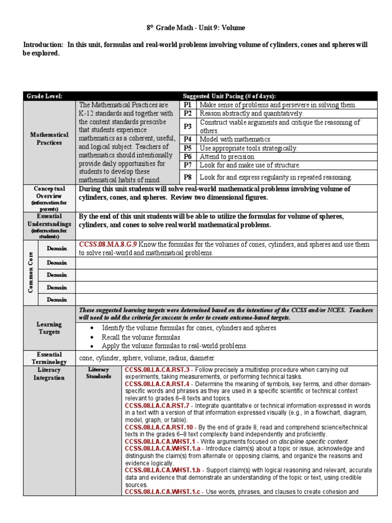 Math 8 - Unit 9 - Volume | PDF | Reason | Logic