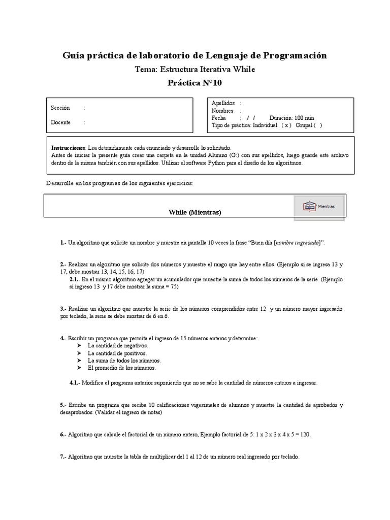 Guía de laboratorio sobre estructuras iterativas While con 12 ejercicios prácticos de ...