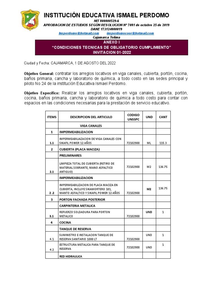 Contratación de Arreglos Locativos I.E. Ismael Perdomo | PDF