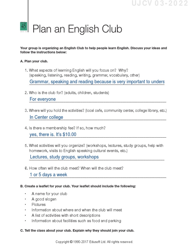 10 Basic 3 Handout Nro.45 Unit 10 Plan An English Club | PDF
