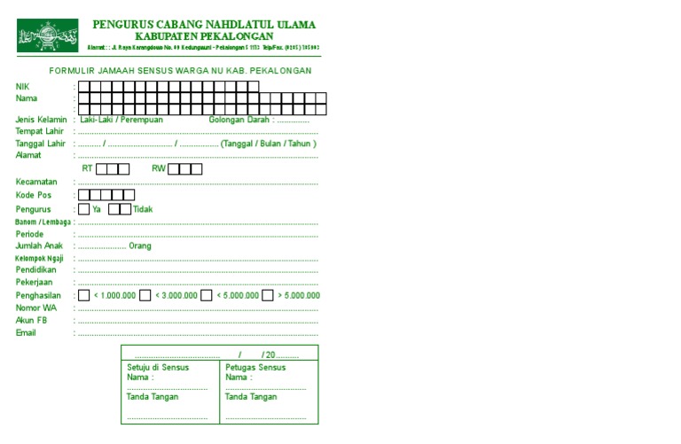 Formulir Jamaah Sensus Warga Nu Kab | PDF