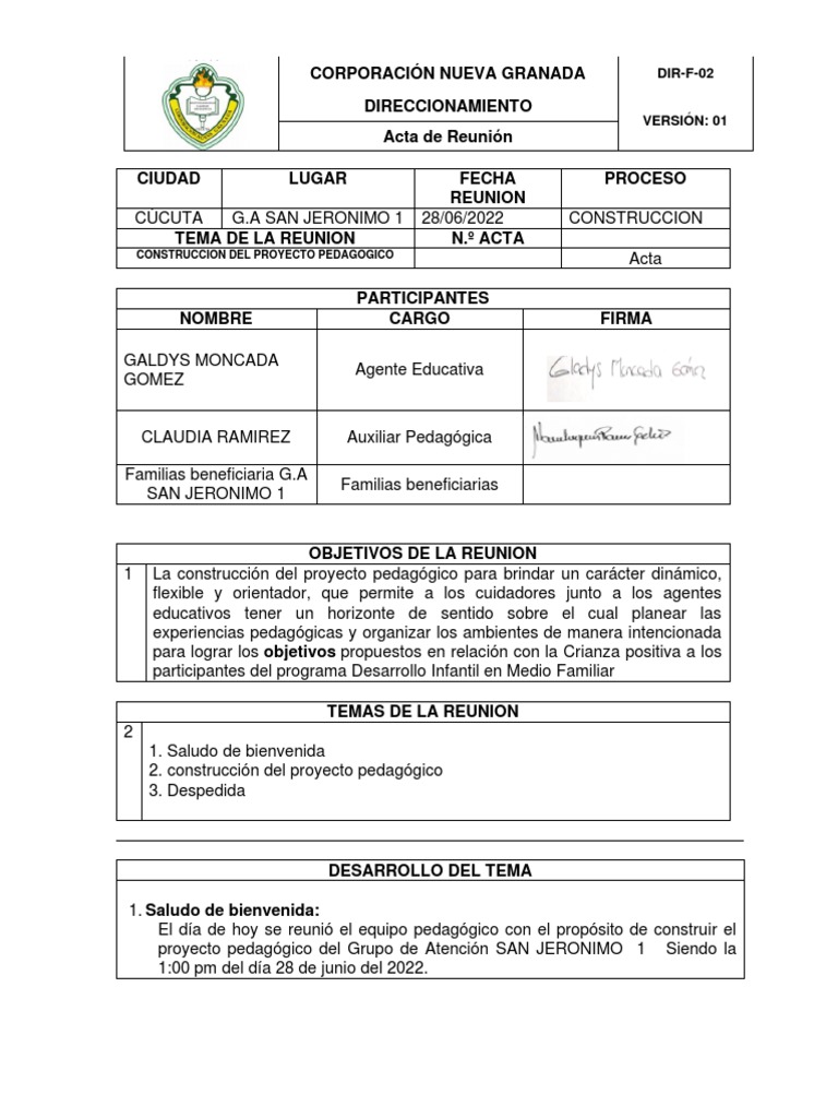 Acta de Construccion Del Proyecto Pedagogico San Jeronimo | PDF