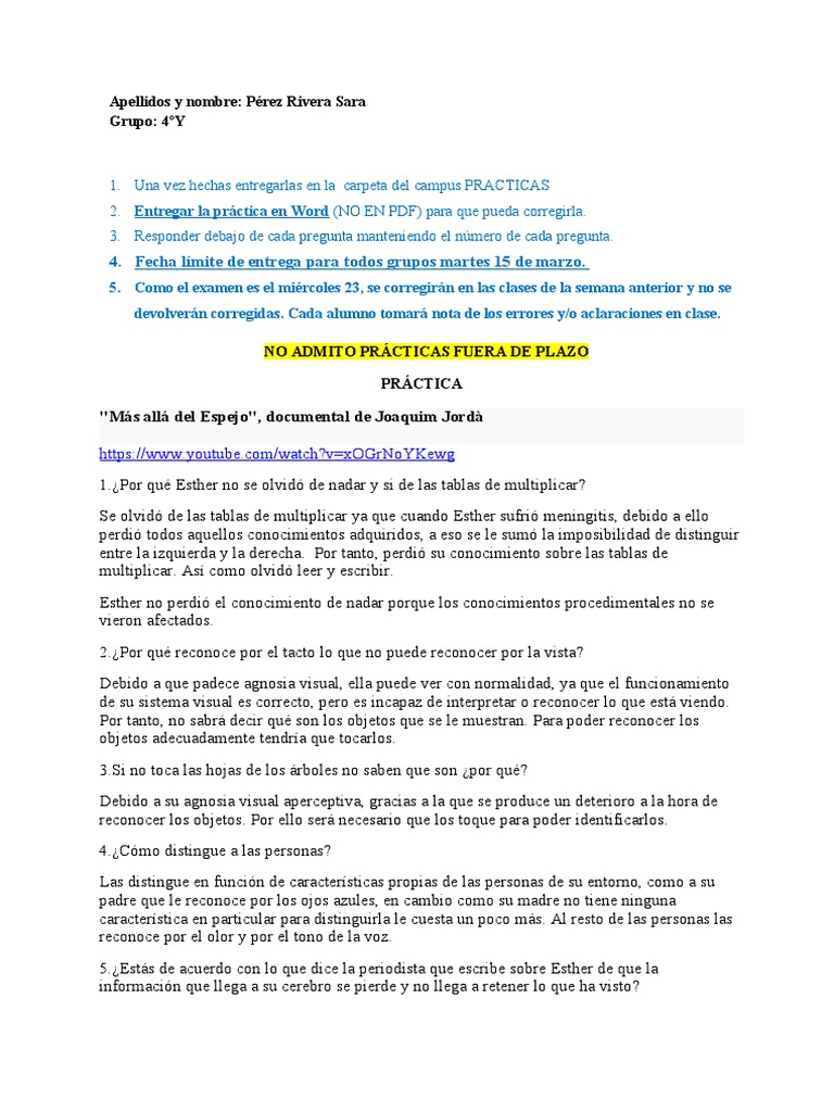 Practica Agnosia 2022 Sara Pérez | PDF | Cognición | Ciencia cognitiva