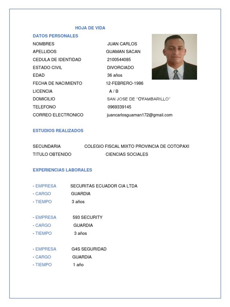 Hoja de Vida Juan Carlos | PDF