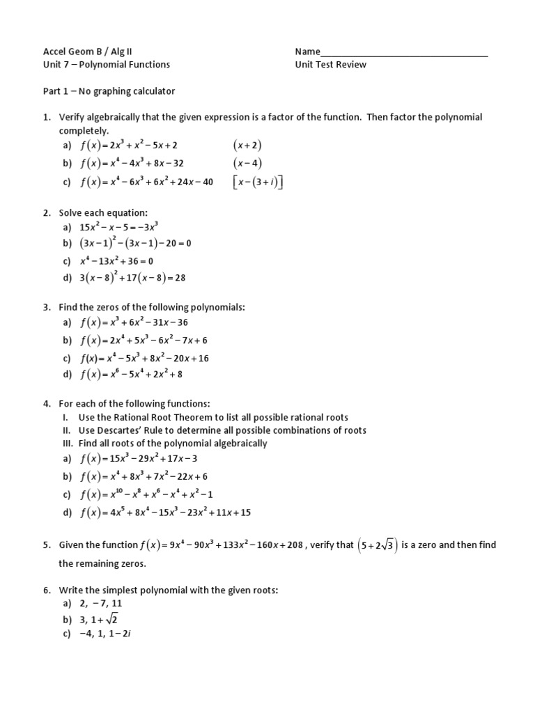 Unit 7 Test Review Fall 2021 | PDF | Zero Of A Function | Polynomial