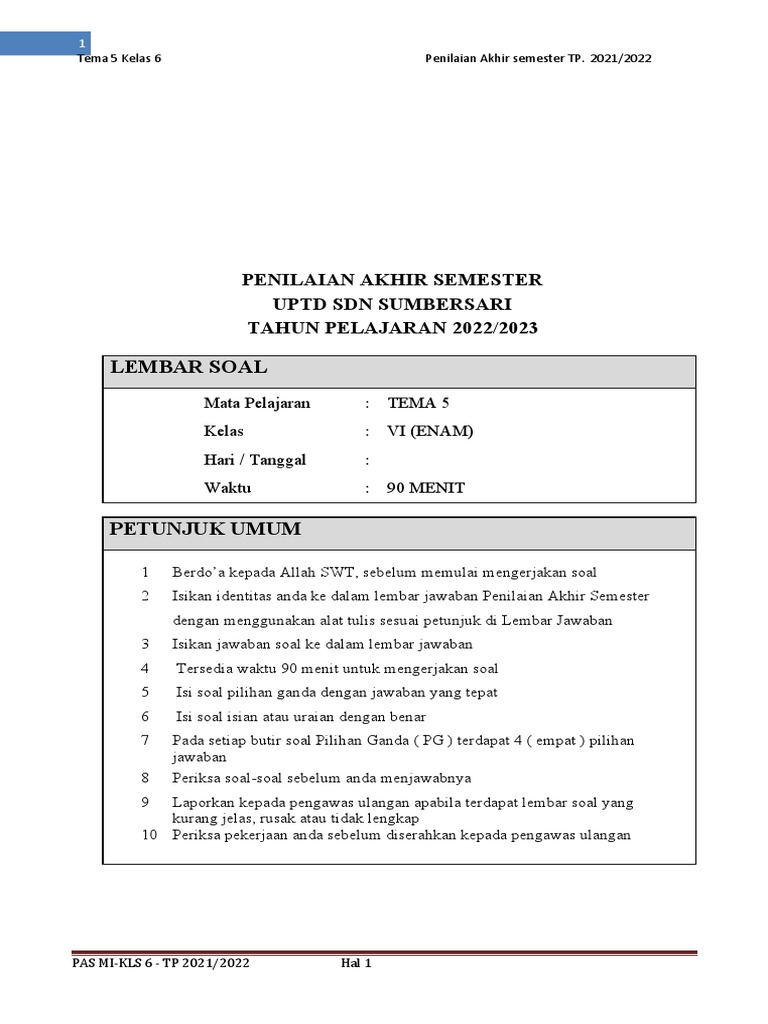 Naskah Soal Pas Kelas 6 Tema 5 | PDF