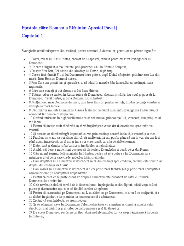 Epistola Către Romani A Sfântului Apostol Pavel | PDF