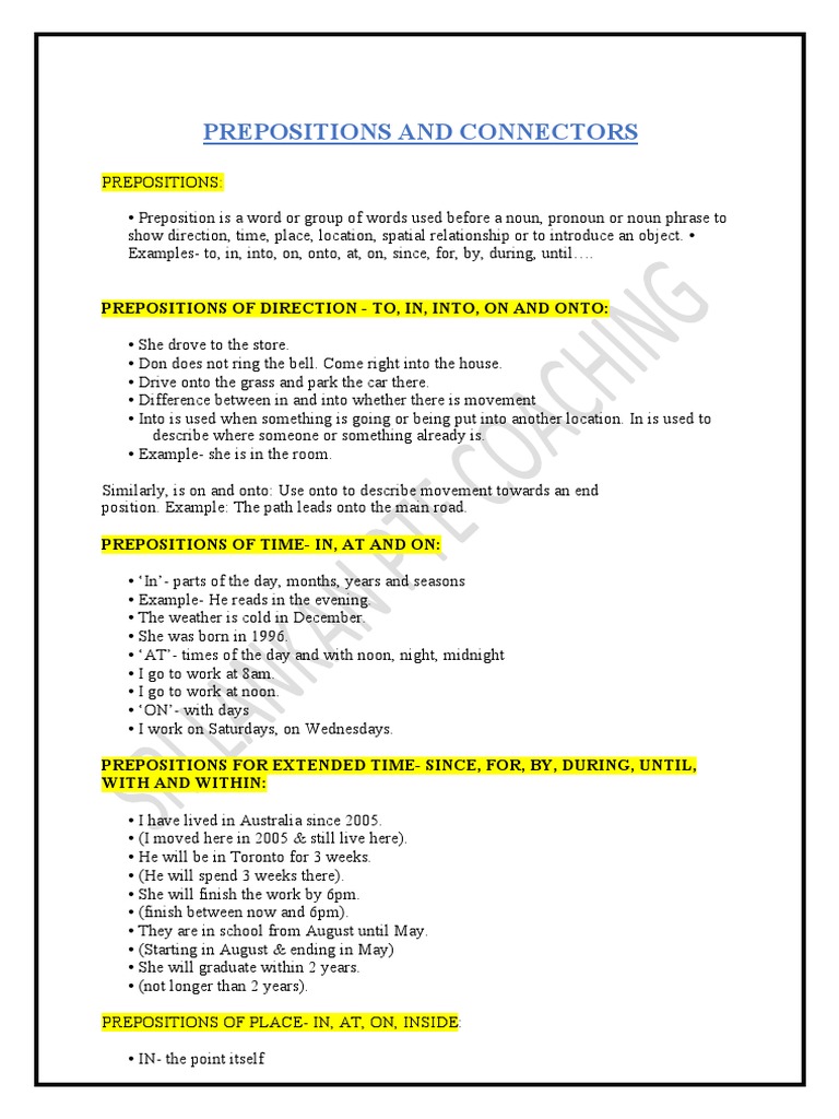 Preposition and Connector | PDF | Preposition And Postposition | Verb