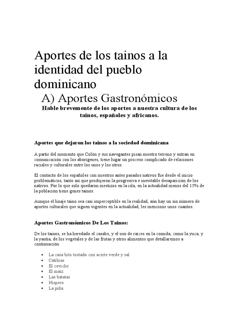 Aporte A Nuestra Cultura de Los Tainos, Españoles y Africanos | PDF ...