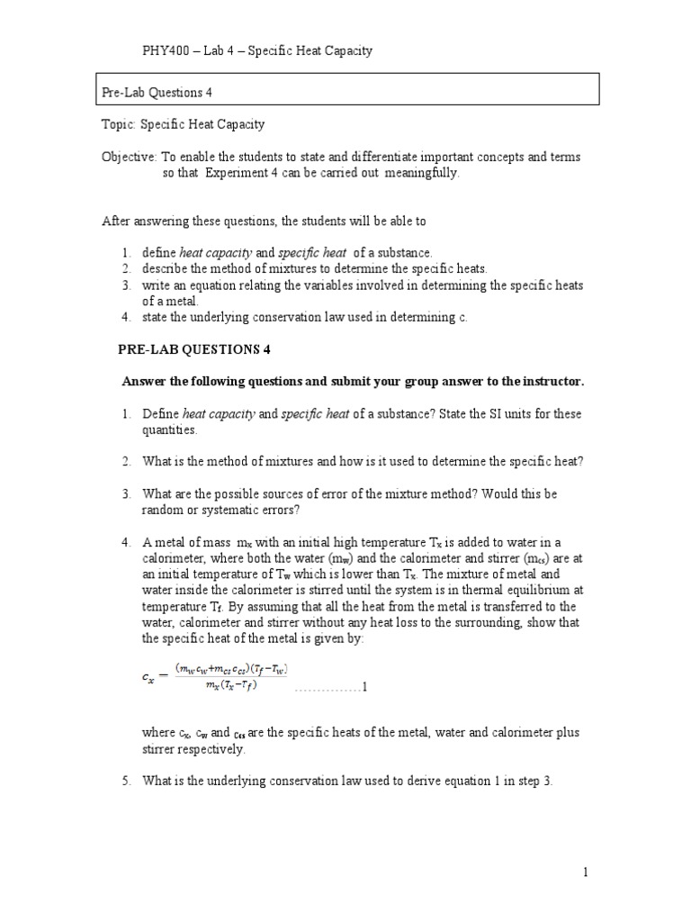 Expt 4 - PHY400 - Specific Heat Capacity - 10.8.10 - Word 2003 | PDF | Heat | Temperature