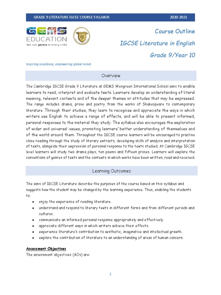 Grade 9 Literature Syllabus Overview 2020-2021 | PDF | Learning | Genre