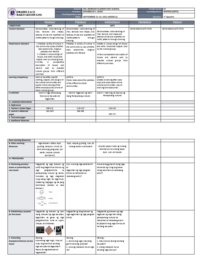 DLL Mapeh4 Arts Week4 Q1 | PDF | The Arts | Aesthetics