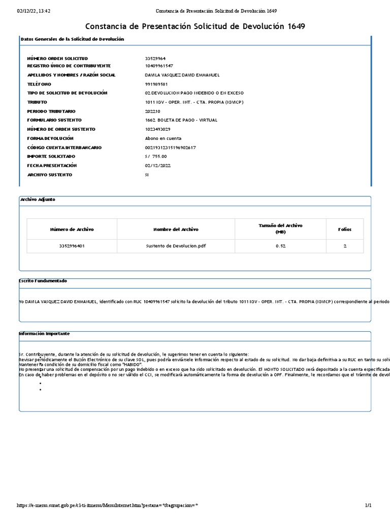 Constancia de Solicitud de Devolución | PDF