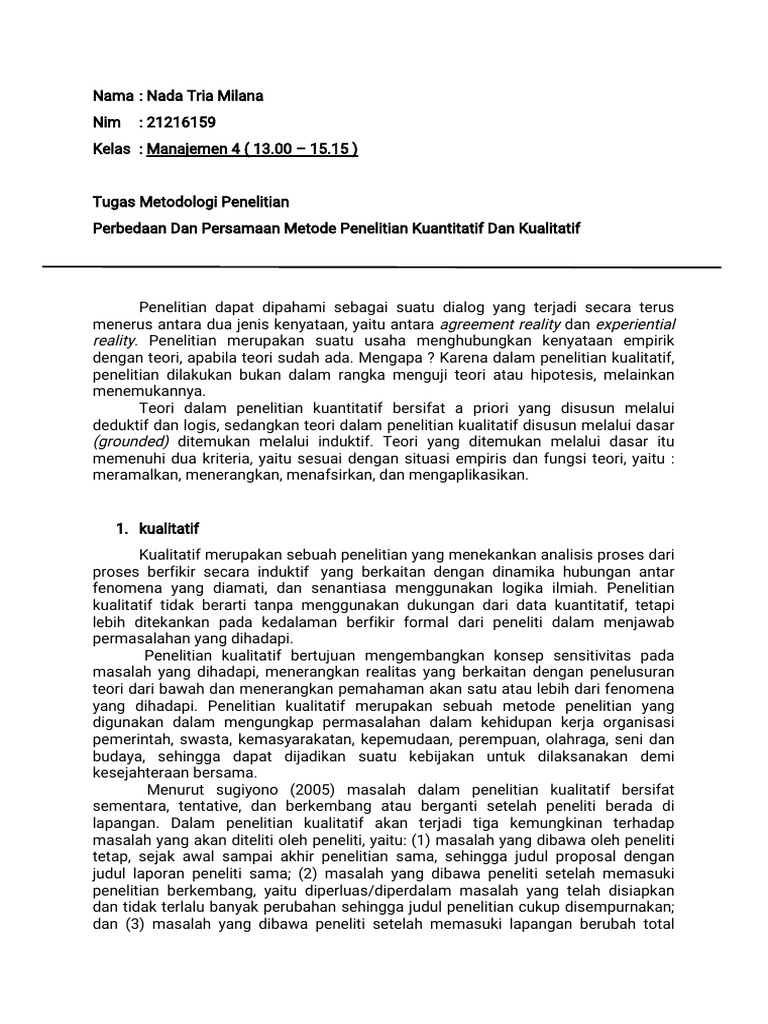 Tugas IV Perbedaan Dan Persamaan Kualitatif Kuantitatif | PDF