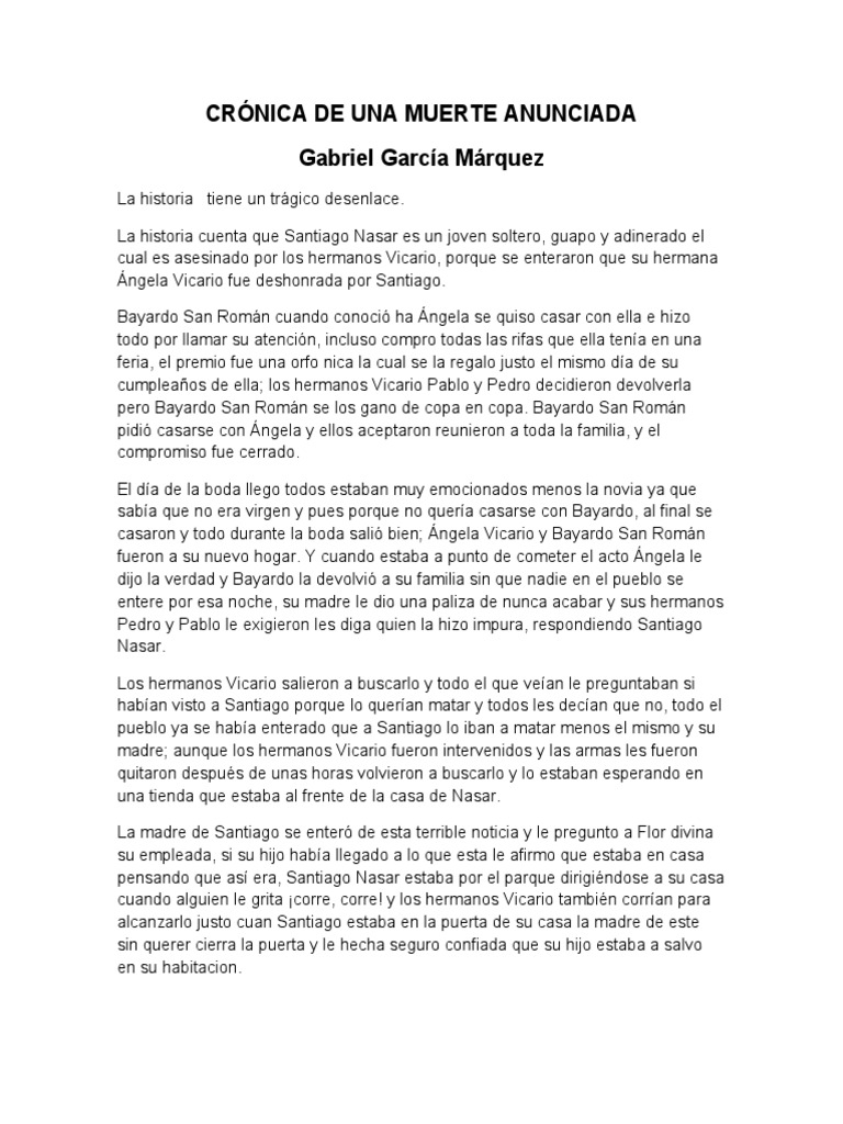 Resumen Crónica de Una Muerte Anunciada | PDF