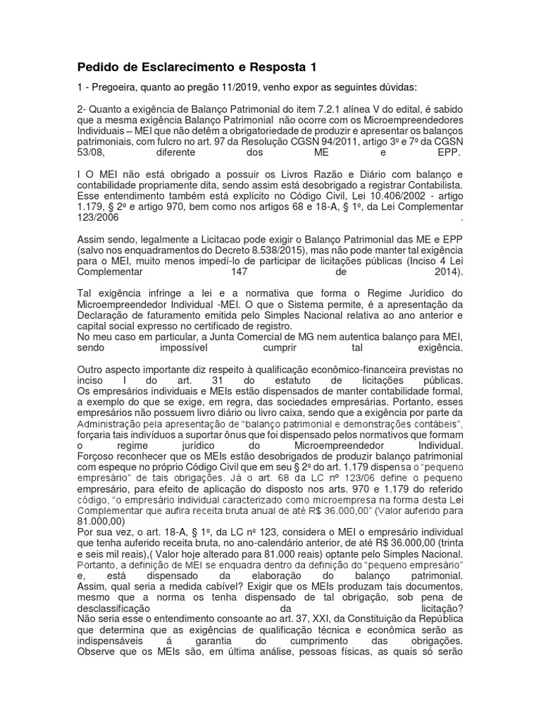 Pedido de Esclarecimento e Resposta 1 | PDF | Contabilidade | Balancete