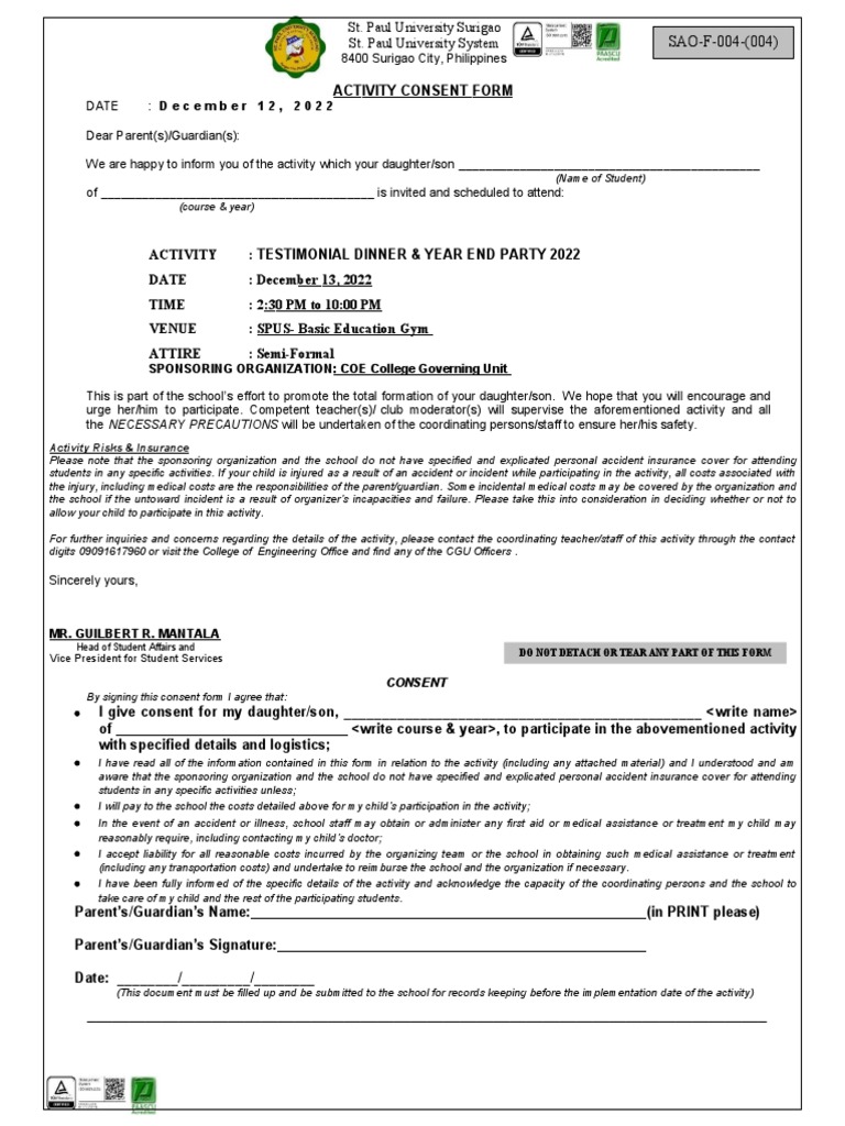 Testimonial Dinner Consent Form | PDF | Informed Consent