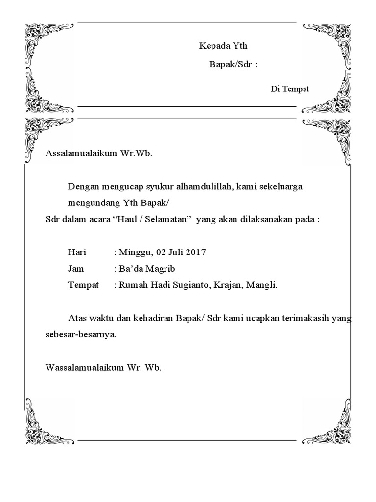Undangan Haul Keluarga Hadi Sugianto | PDF