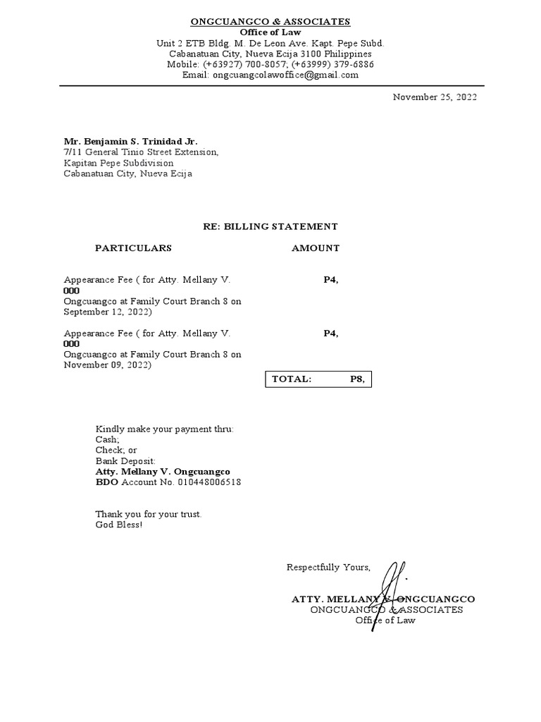 Billing Statement from Ongcuangco & Associates Law Office Detailing ...