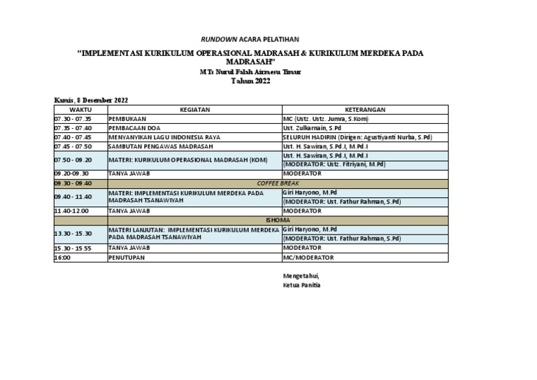 Rundown Acara Pelatihan Guru Mts NF | PDF