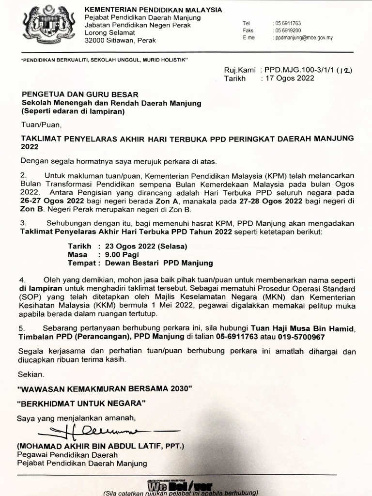 Surat Taklimat Penyelarasan Akhir Hari Terbuka PPD Sekolah Bersama | PDF