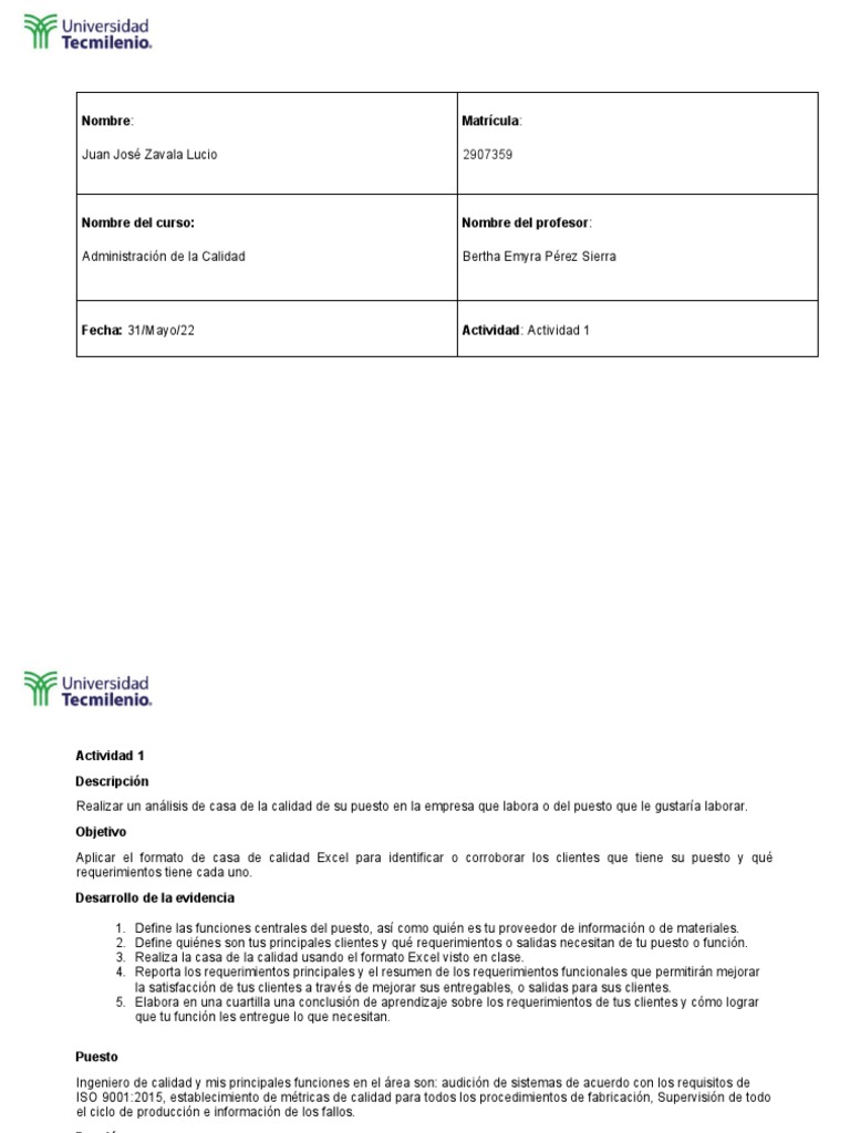 Actividad 1 Administracion de La Calidad | PDF | Calidad (comercial) | Business