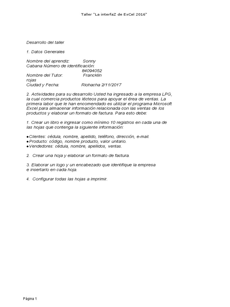 Taller Semana 1 Taller La Interfaz de Excel 2016 | PDF | Productos lácteos | Lechería