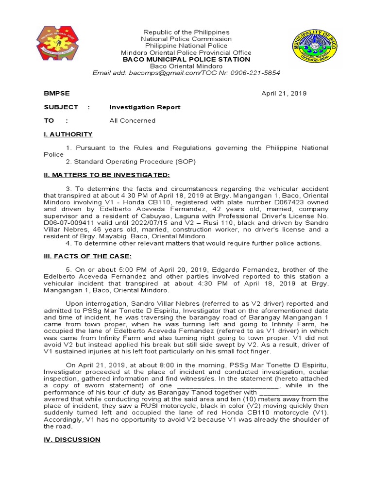 Investigation Report Re Traffic Accident April 18, 2019 | PDF ...