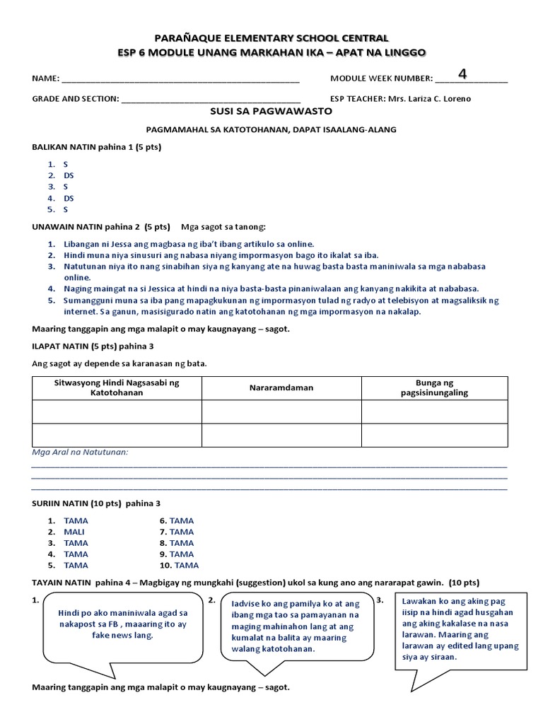 Answer Key Esp 6 - Module Week 4 | PDF
