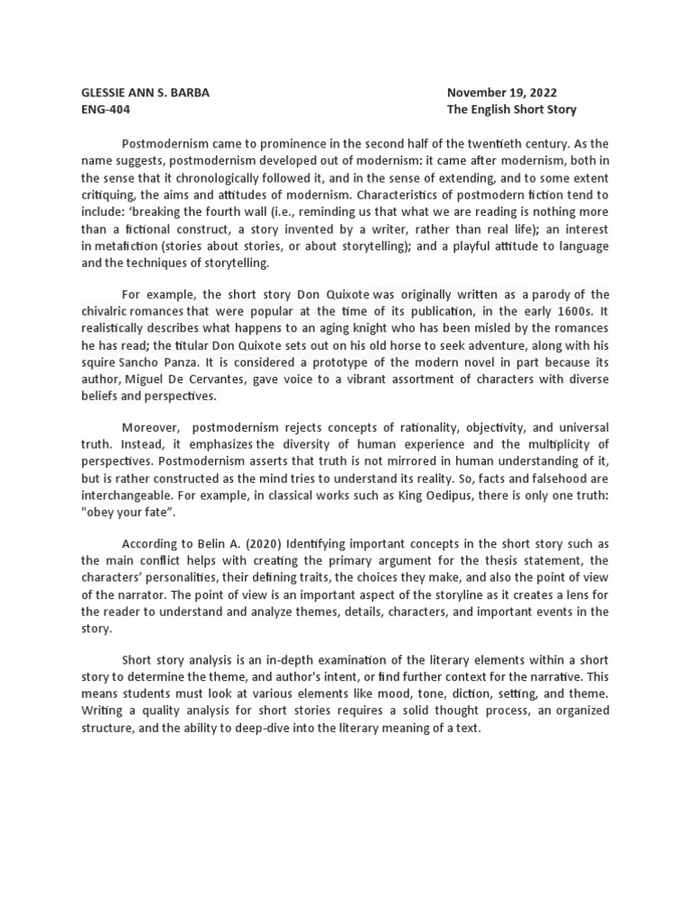 Glessie Ann B. Short Story | PDF | Narrative | Postmodernism