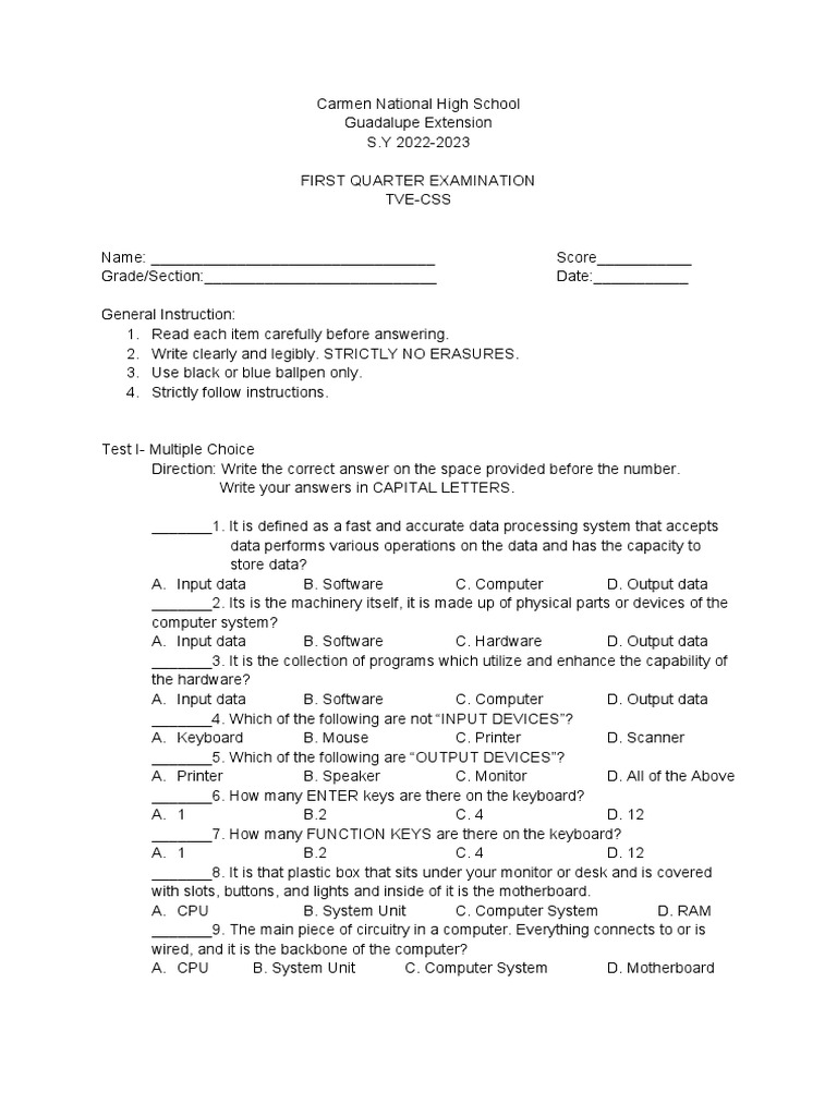 1st Quarter EXAM G8 | PDF | Input/Output | Computer Hardware