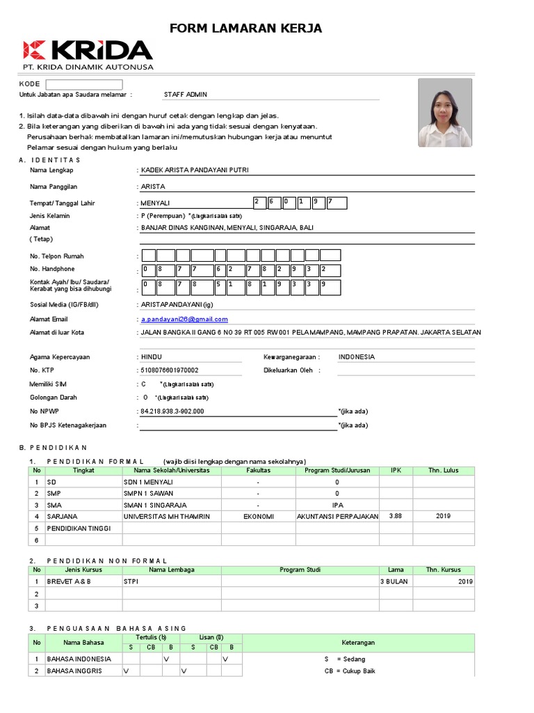 Formulir Lamaran Kerja Admin | PDF