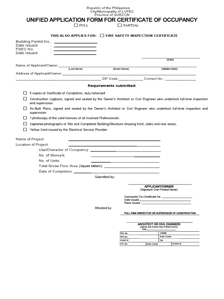 Unified Application for Occupancy Permit | PDF